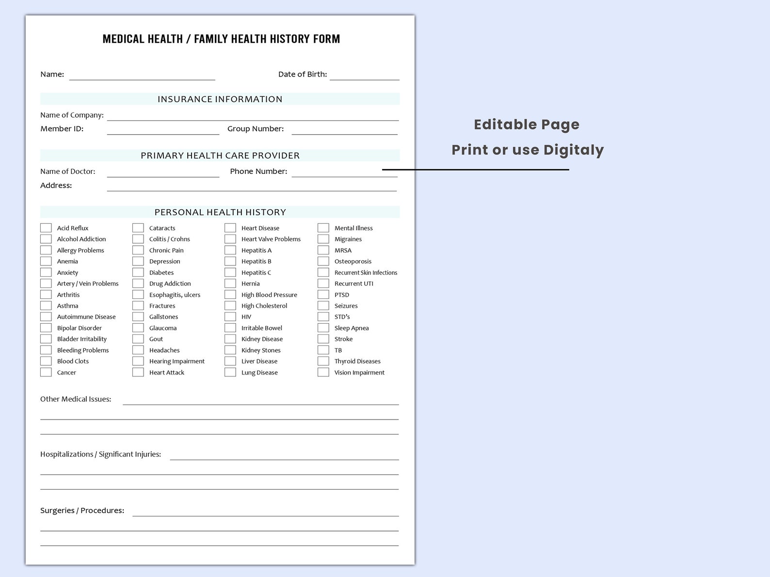Editable Medical History Form, Family Medical History Form , Medical ...