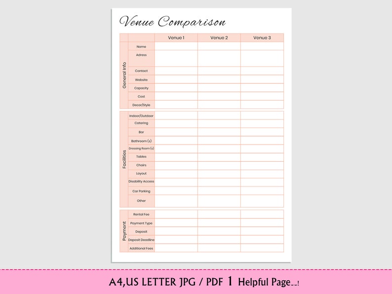Printable Venue Comparison, Venue Checklist, Venue Planner, Event ...