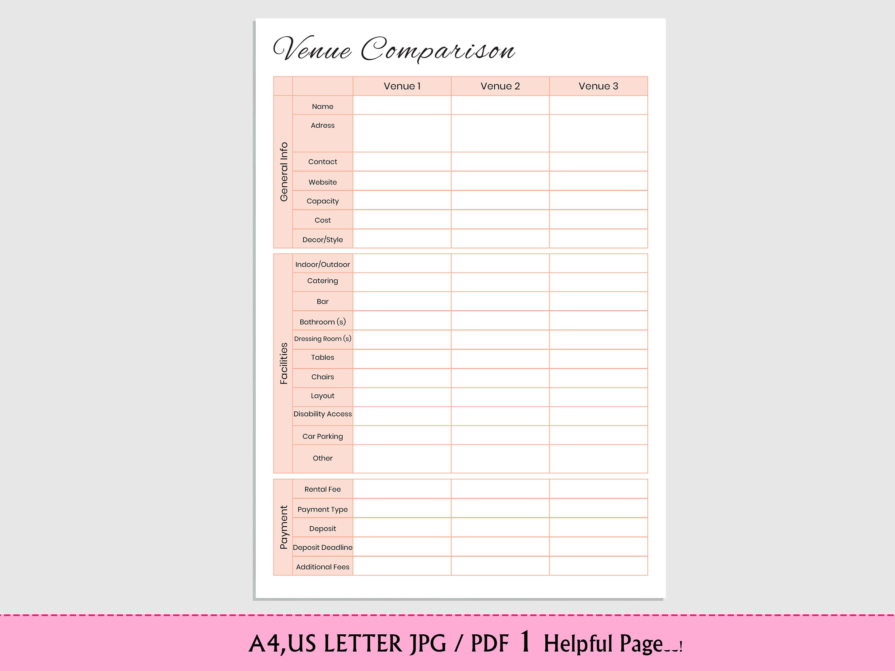 Printable Venue Comparison, Venue Checklist, Venue Planner, Event ...