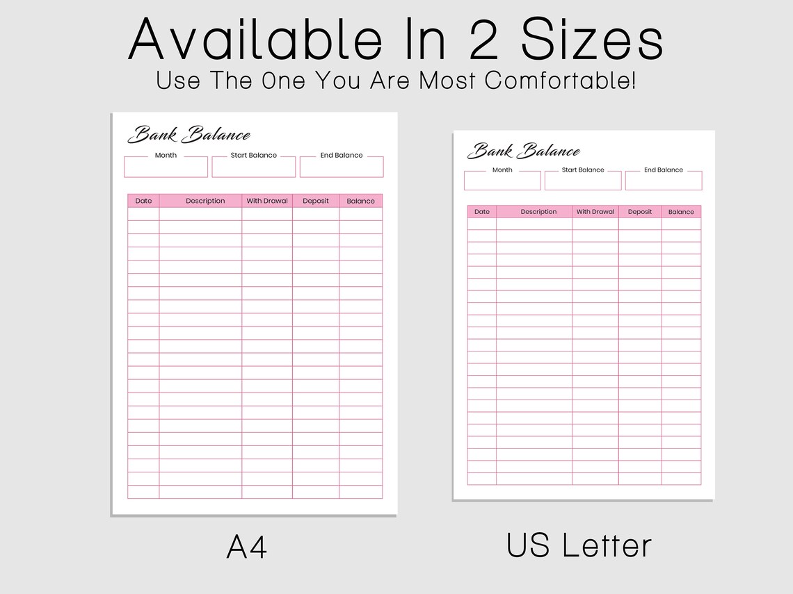 Printable Bank Balance, Bank Balance Printable, Bank Account Log ...