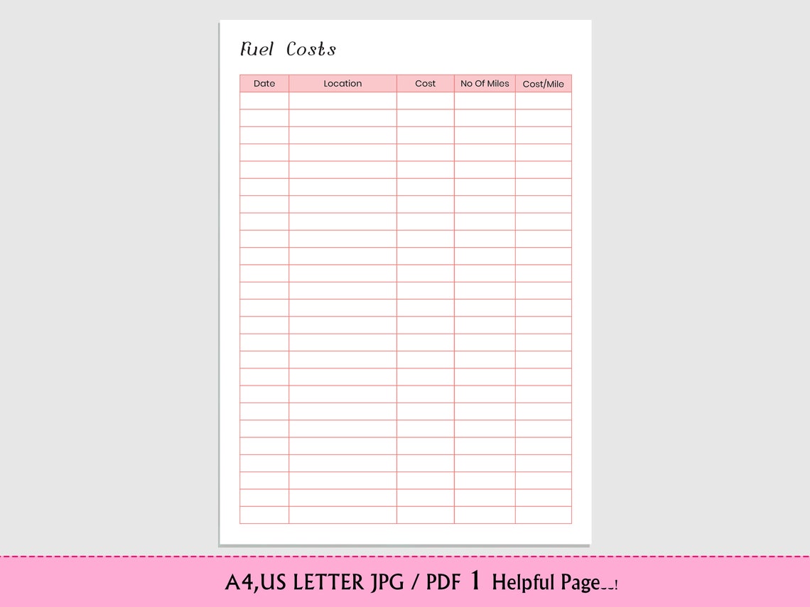 Printable Fuel Cost Log, Minimal Fuel Cost Log Printable, A4 and US ...