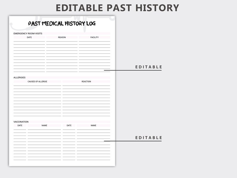 Past Medical History Log, Family Medical History Form , Medical Record ...