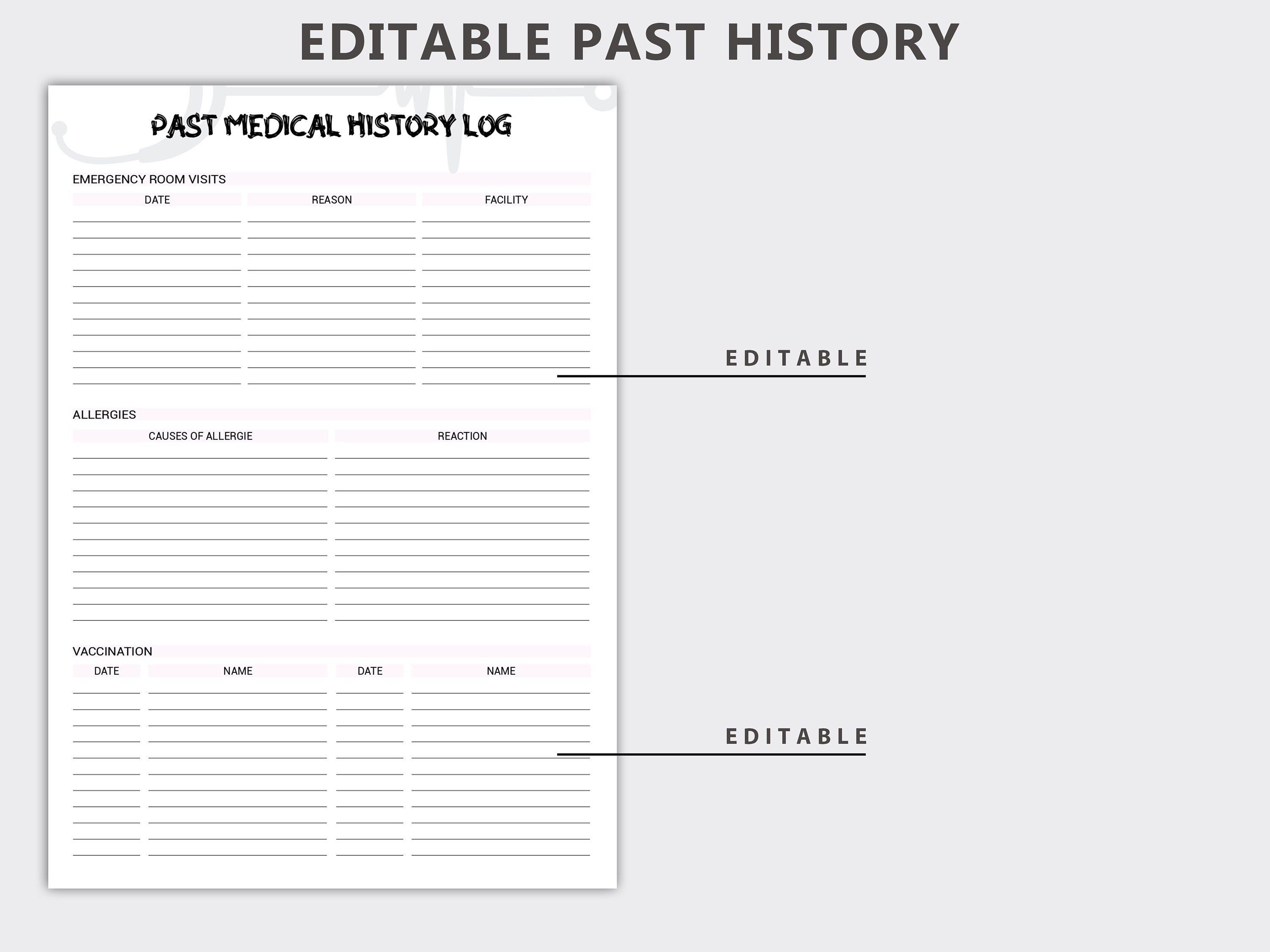 Past Medical History Log, Family Medical History Form , Medical Record ...