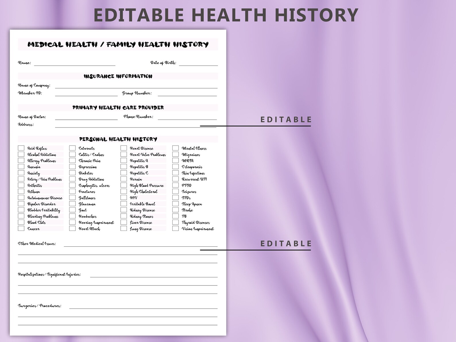 Editable Medical History Form, Family Medical History Form , Medical ...