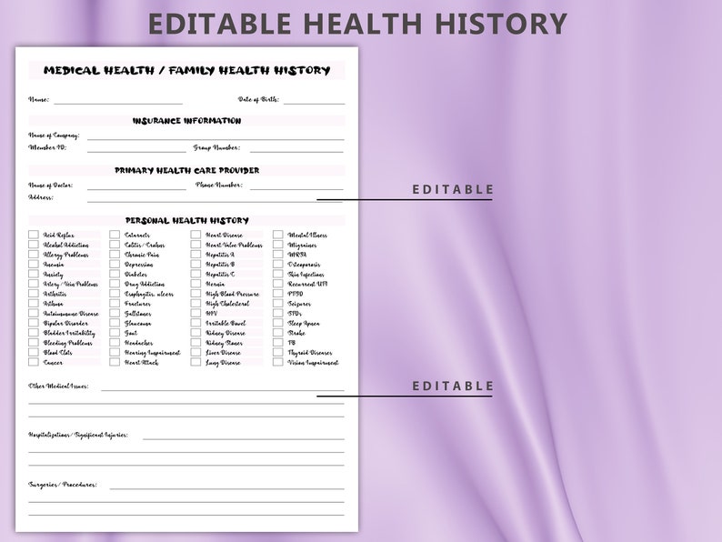 Editable Medical History Form, Family Medical History Form , Medical ...