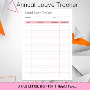 Printable Annual Leave Tracker, Work Leave Tracker, Vacation Days ...