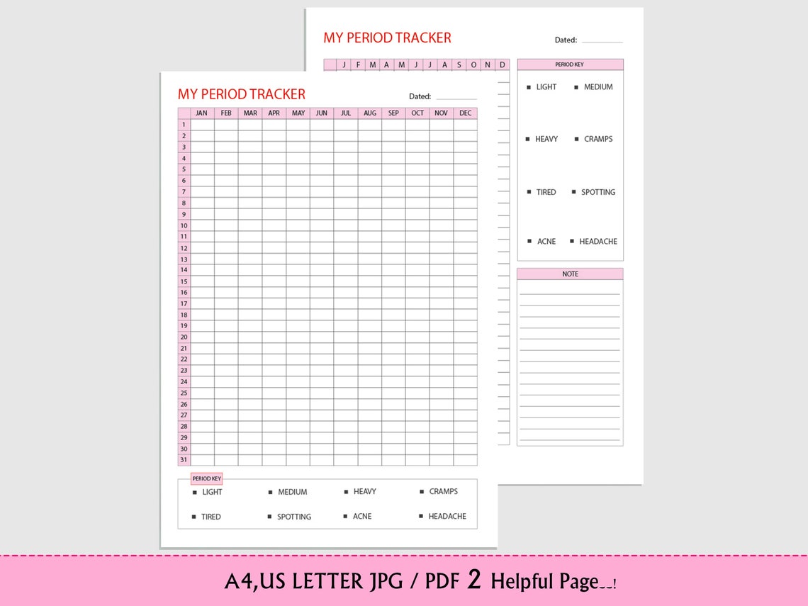 Printable Period Tracker, Monthly Period Tracker, A4 and US Letter PDF ...