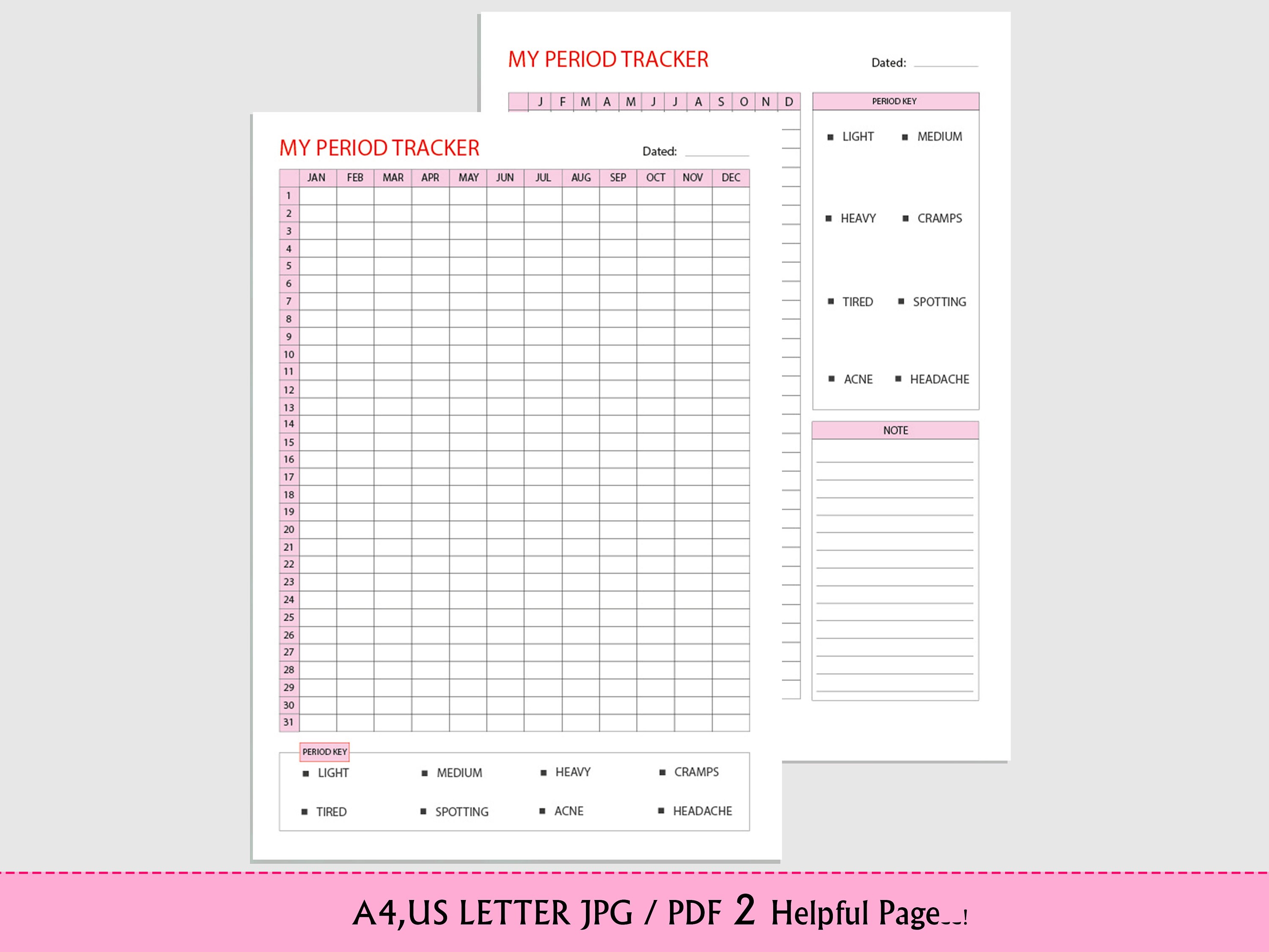 Printable Period Tracker, Monthly Period Tracker, A4 and US Letter PDF ...