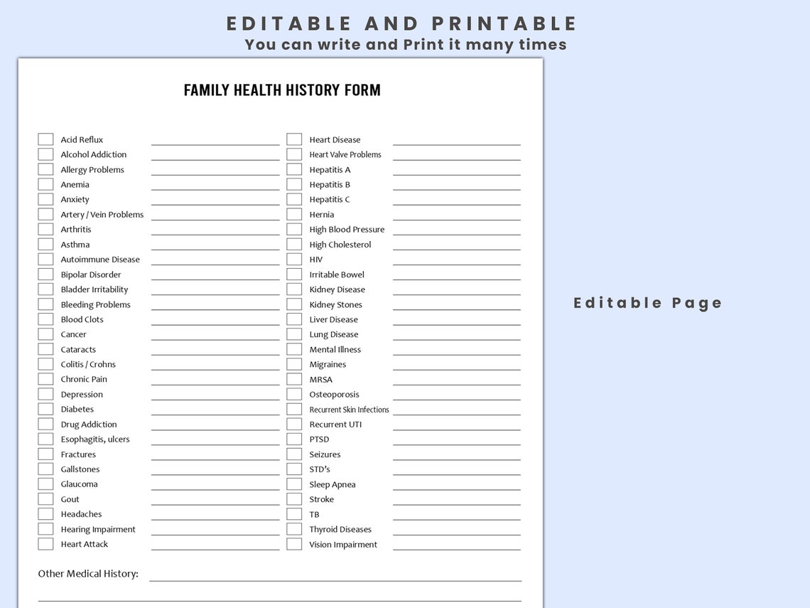 Editable Medical History Form, Family Medical History Form , Medical ...
