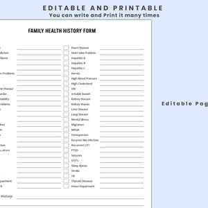Editable Medical History Form, Family Medical History Form , Medical ...