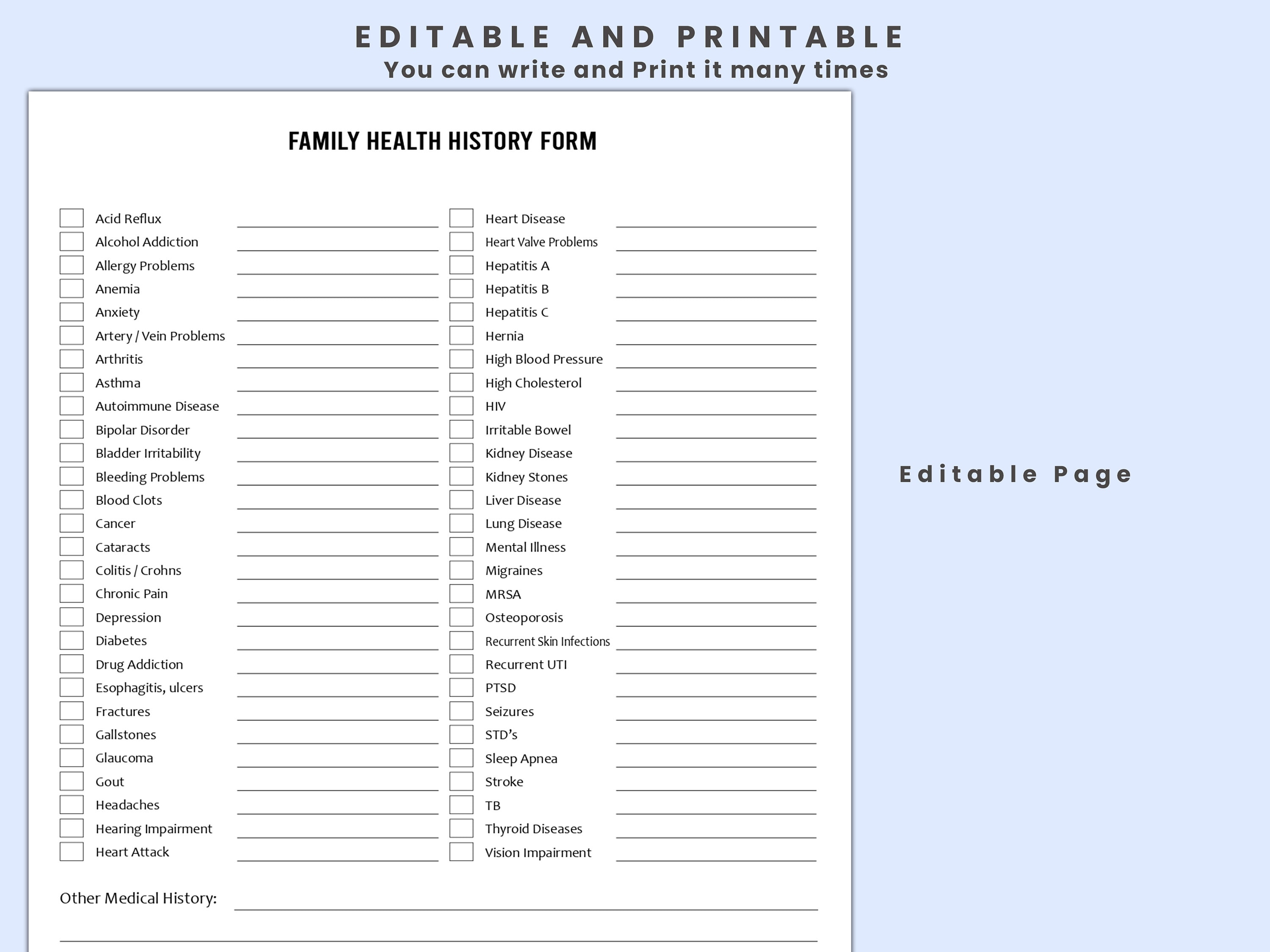 Editable Medical History Form, Family Medical History Form , Medical ...