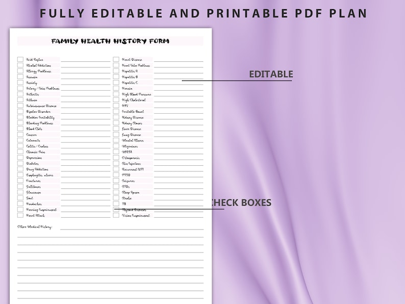 Editable Medical History Form, Family Medical History Form , Medical ...