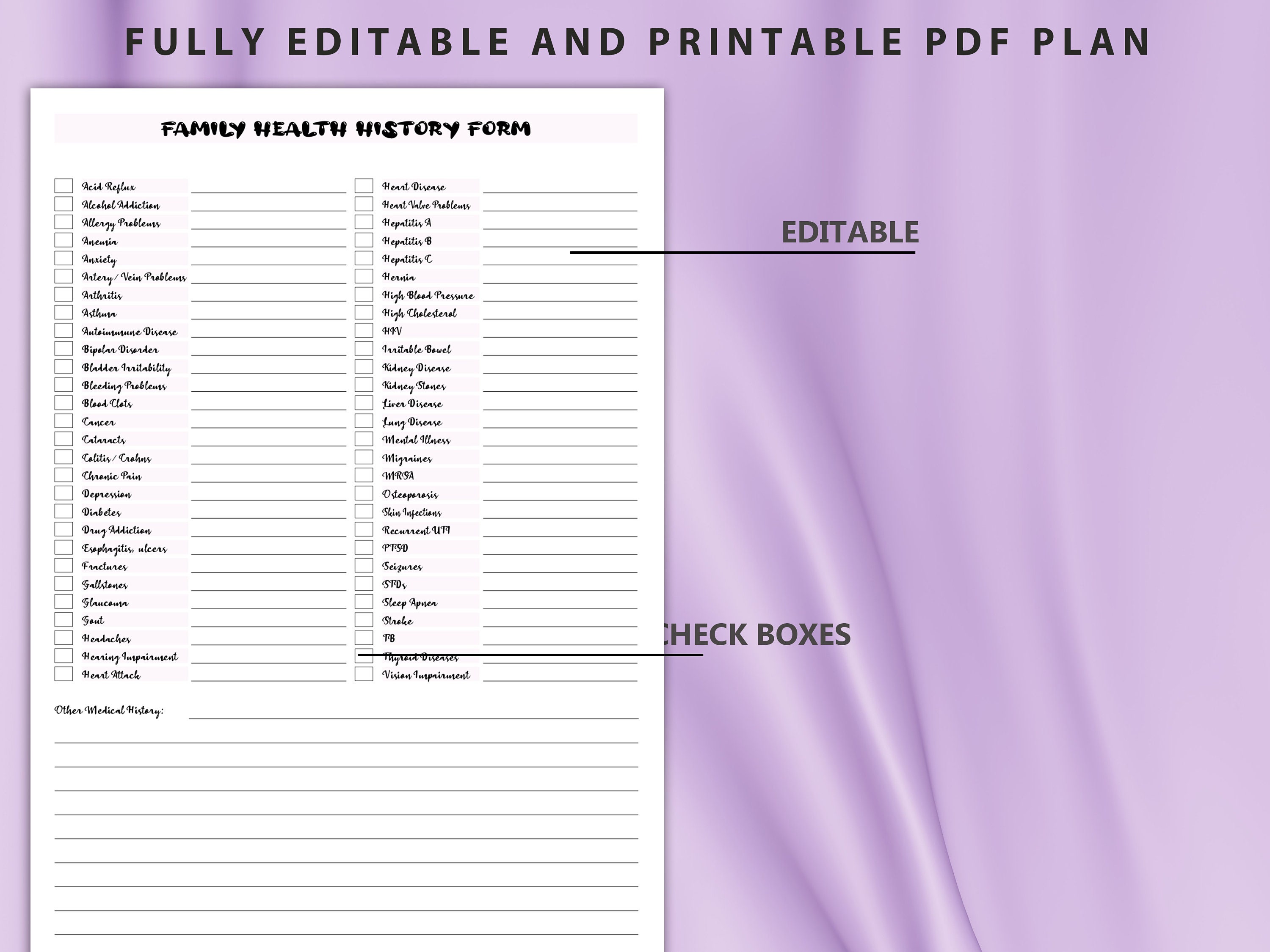 Editable Medical History Form, Family Medical History Form , Medical ...