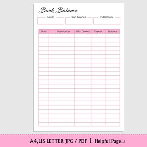 Printable Bank Balance, Bank Balance Printable, Bank Account Log ...