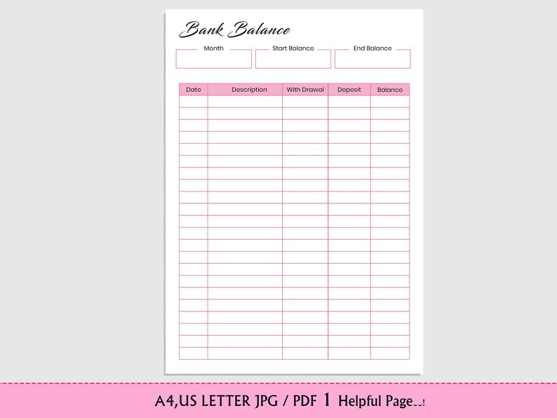 Printable Bank Balance, Bank Balance Printable, Bank Account Log ...