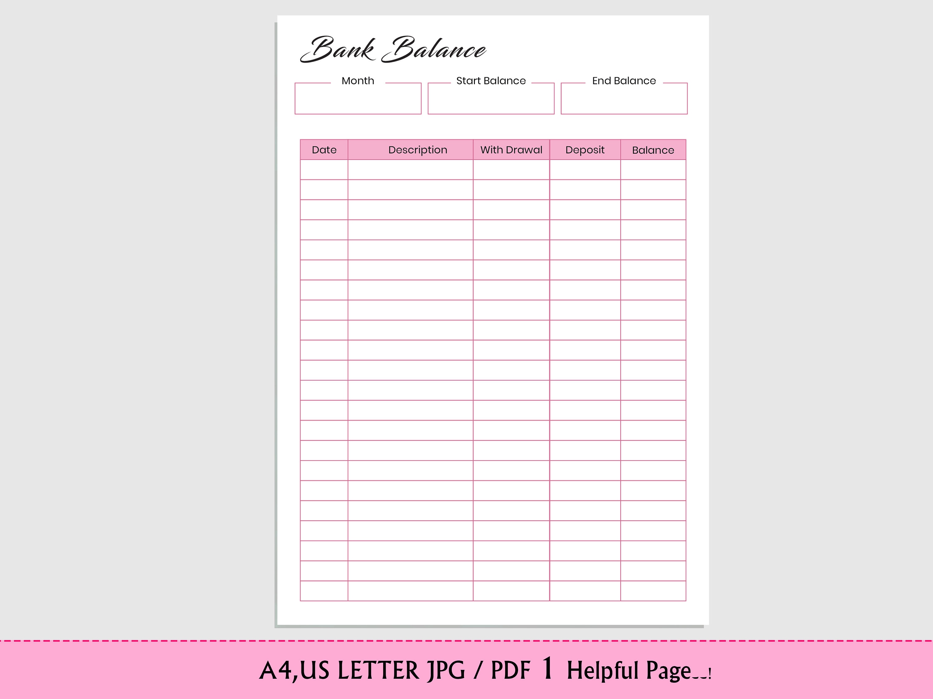 Printable Bank Balance, Bank Balance Printable, Bank Account Log ...