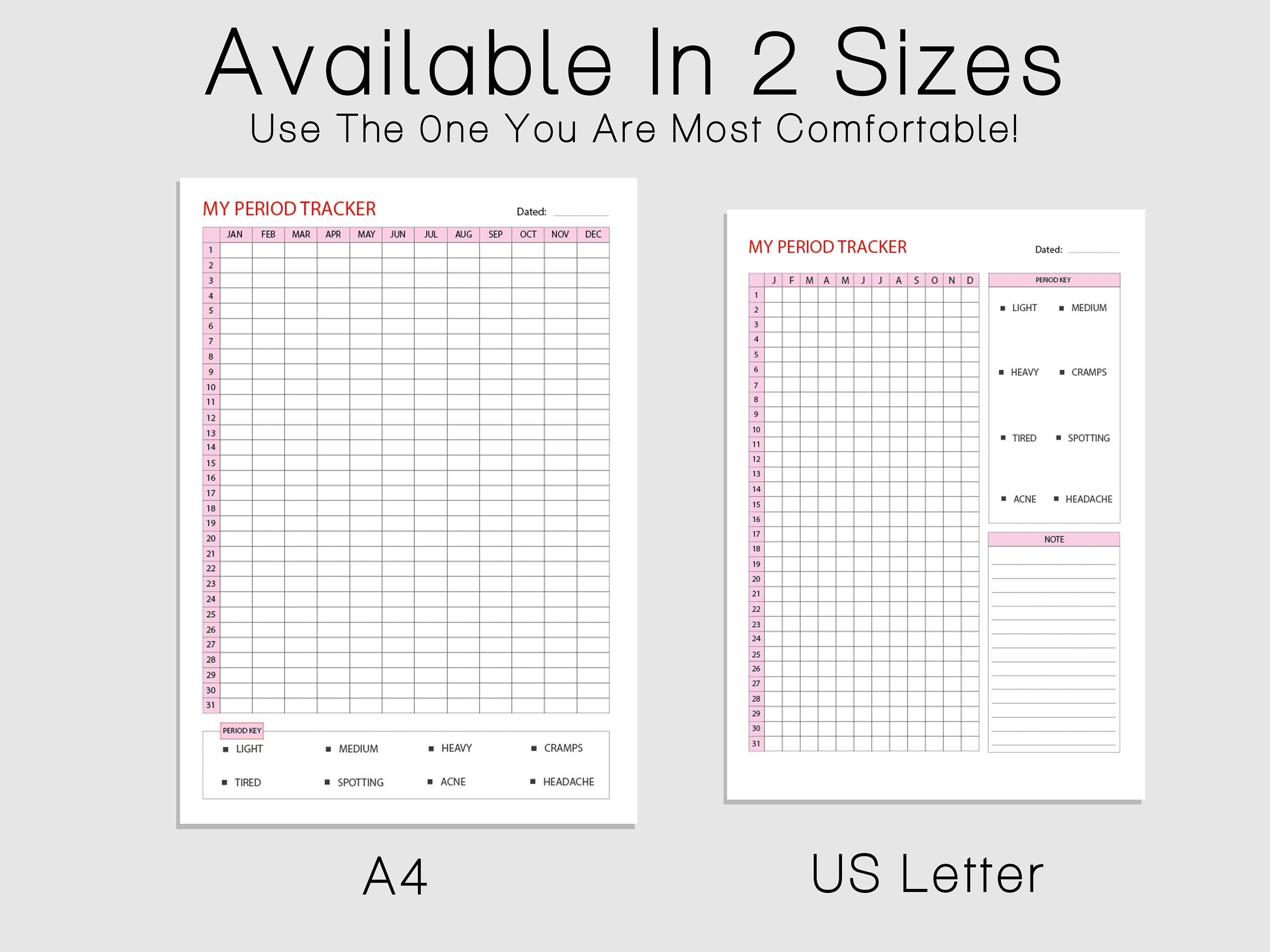 Printable Period Tracker, Monthly Period Tracker, A4 and US Letter PDF ...