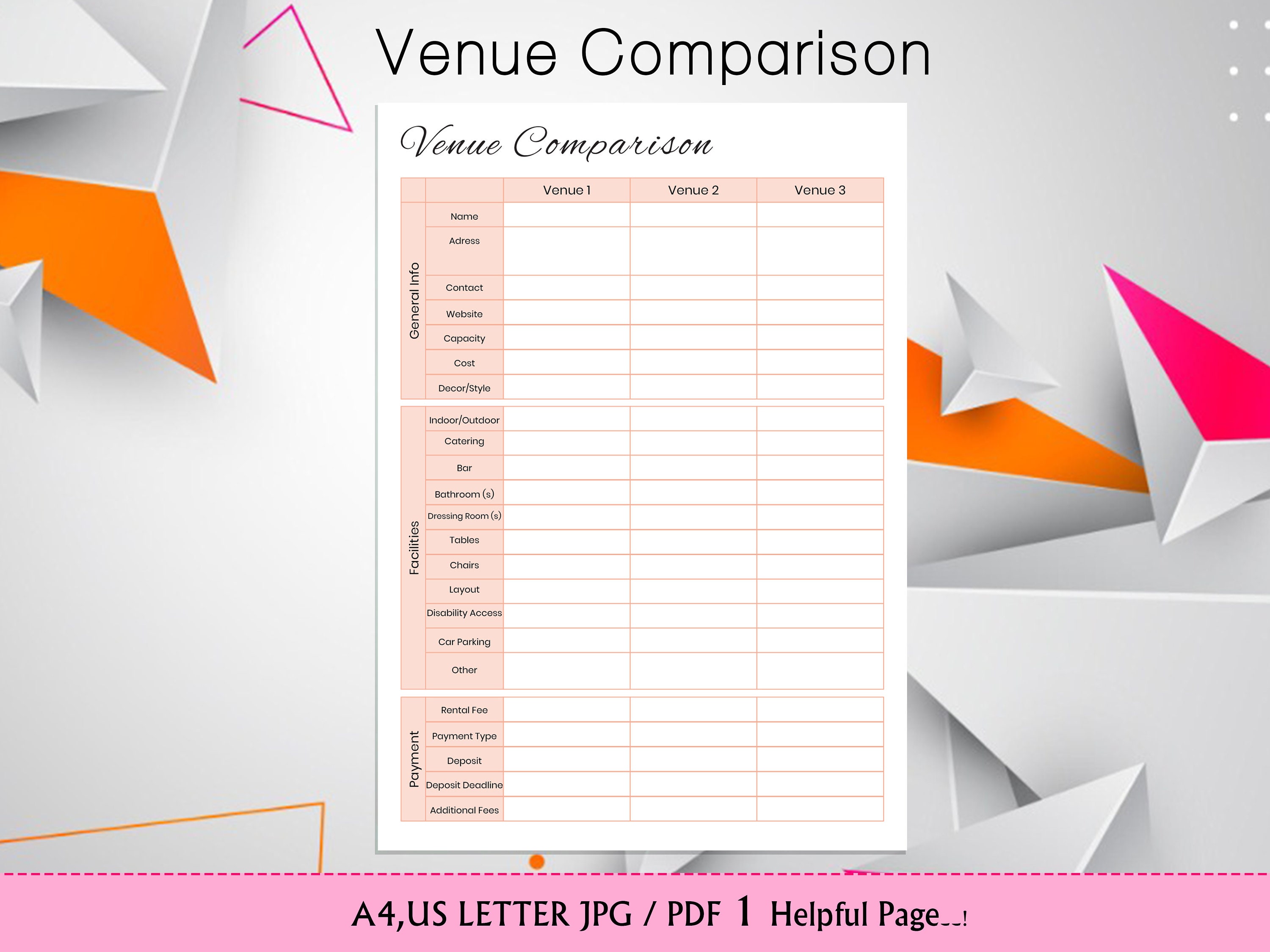 Printable Venue Comparison, Venue Checklist, Venue Planner, Event ...