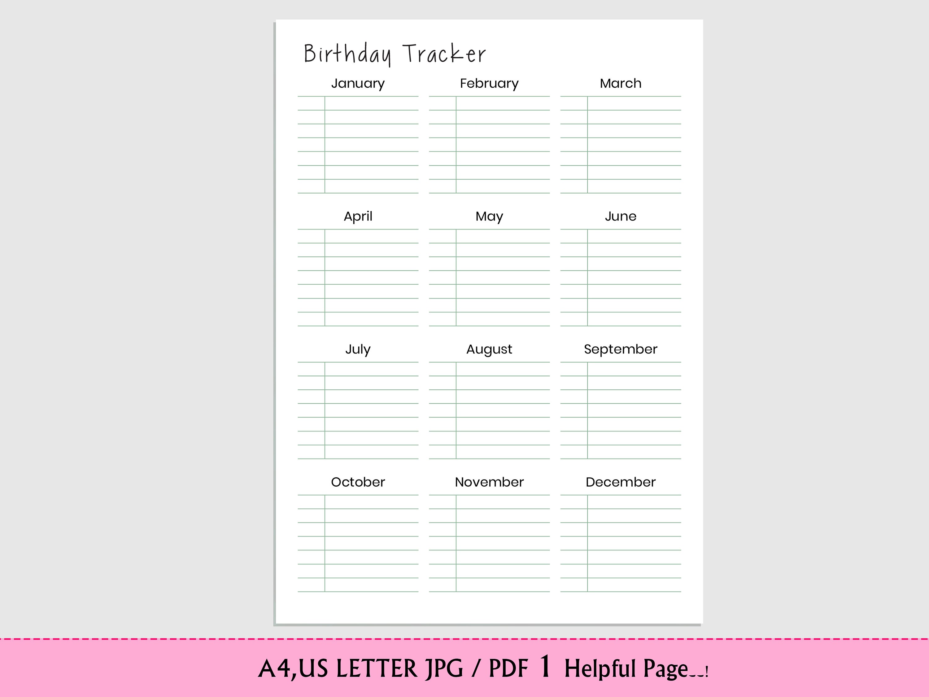 Printable Birthday Tracker, Birthday List, Birthday Planner, Birthday ...