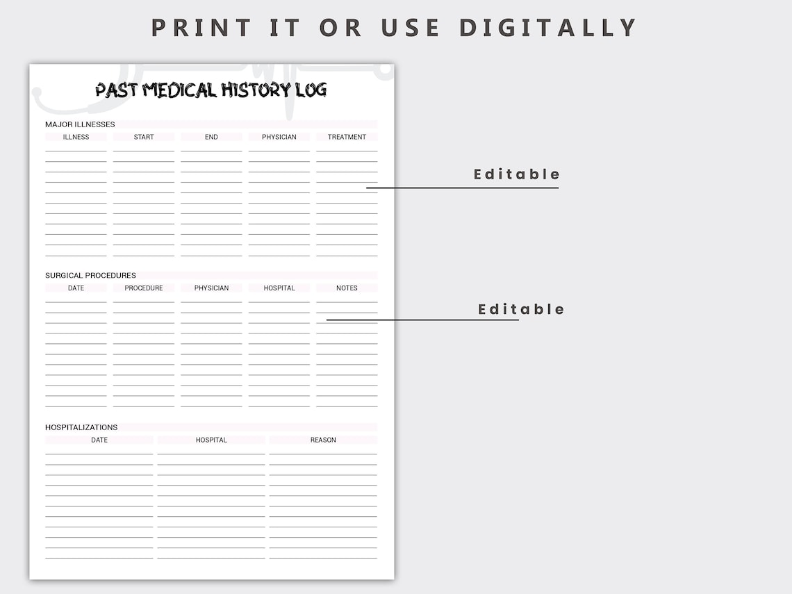 Past Medical History Log, Family Medical History Form , Medical Record ...