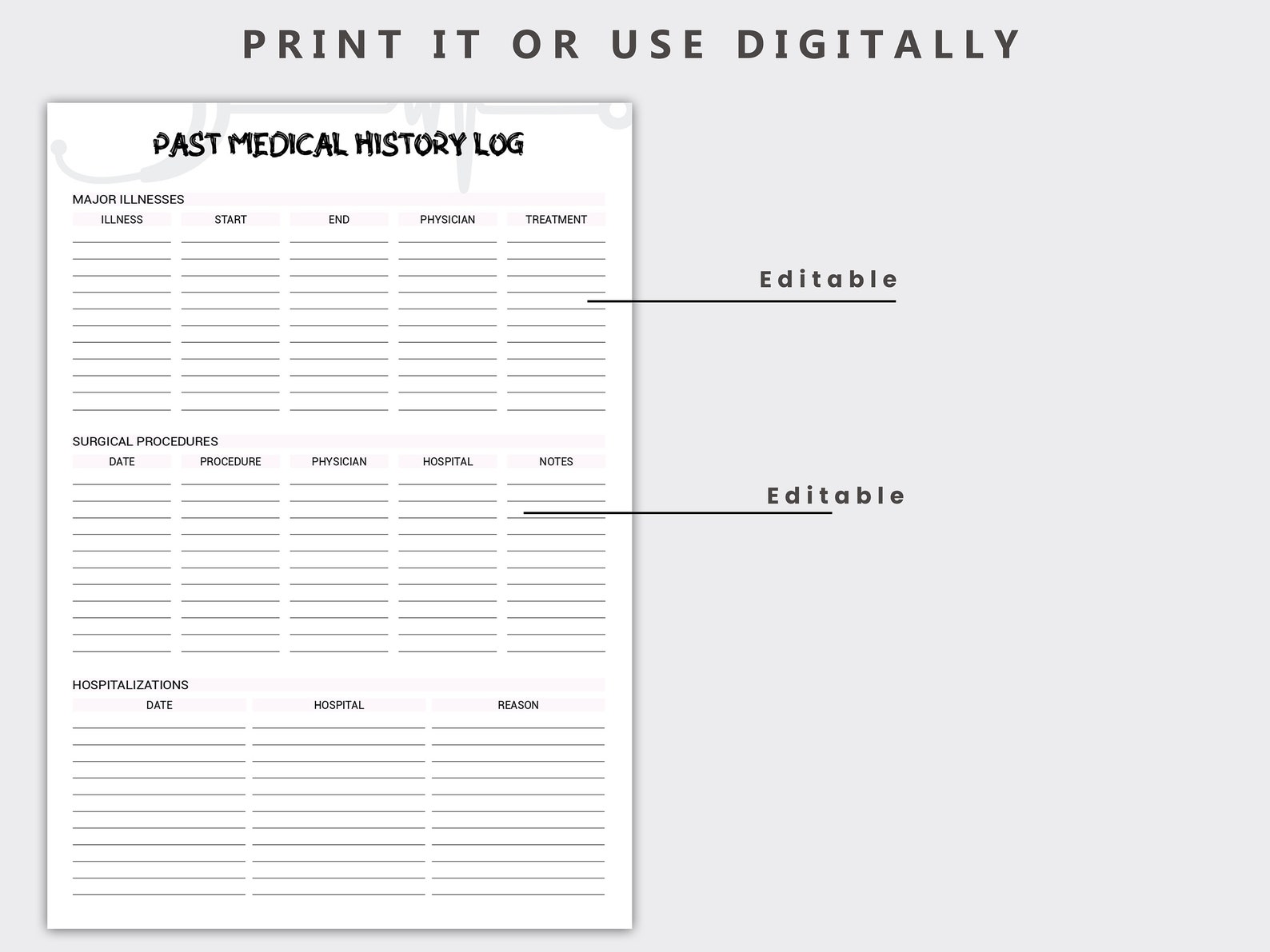 Past Medical History Log, Family Medical History Form , Medical Record ...