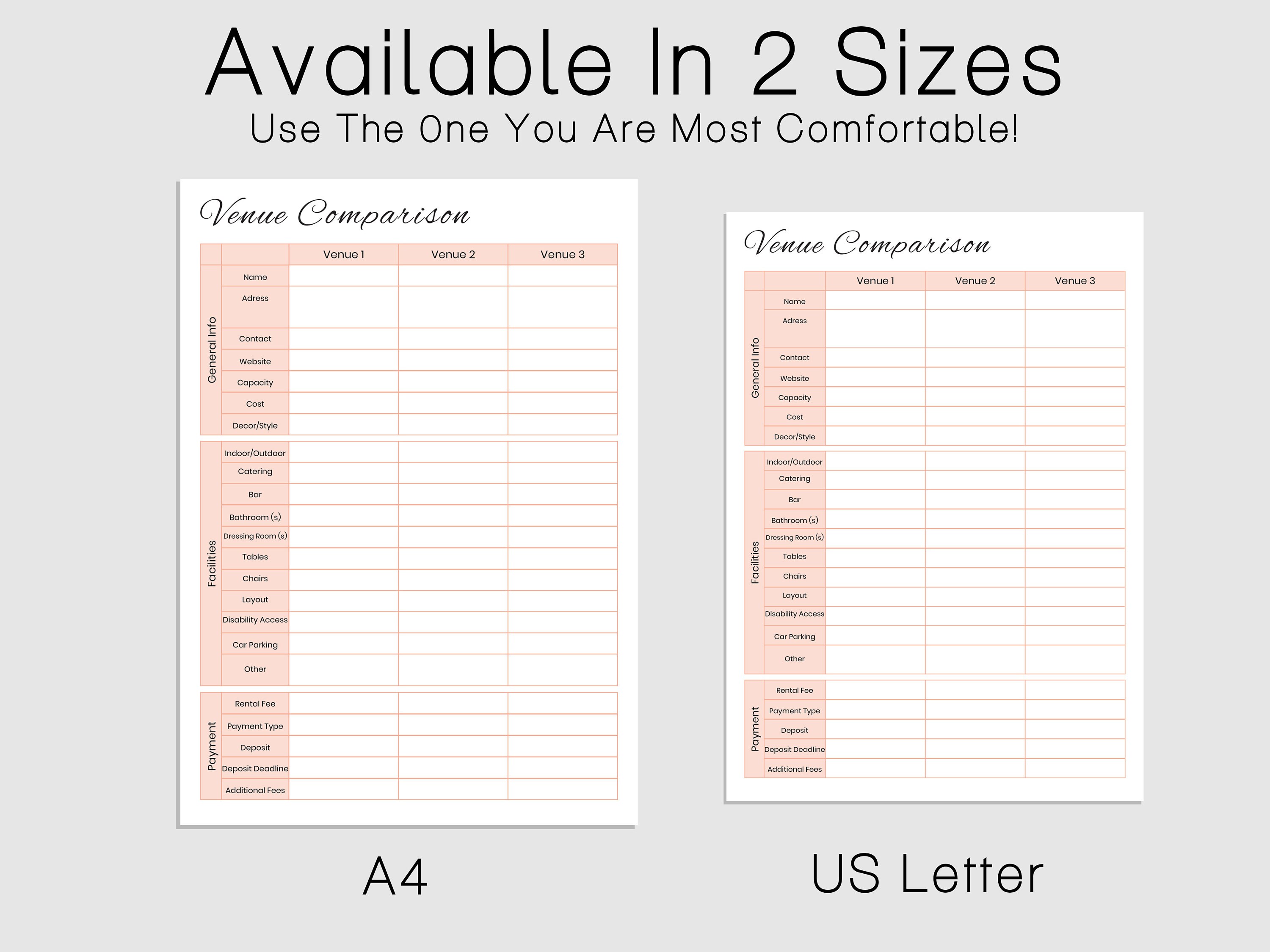 Printable Venue Comparison, Venue Checklist, Venue Planner, Event ...