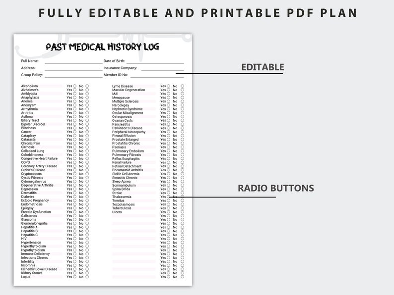 Past Medical History Log, Family Medical History Form , Medical Record ...