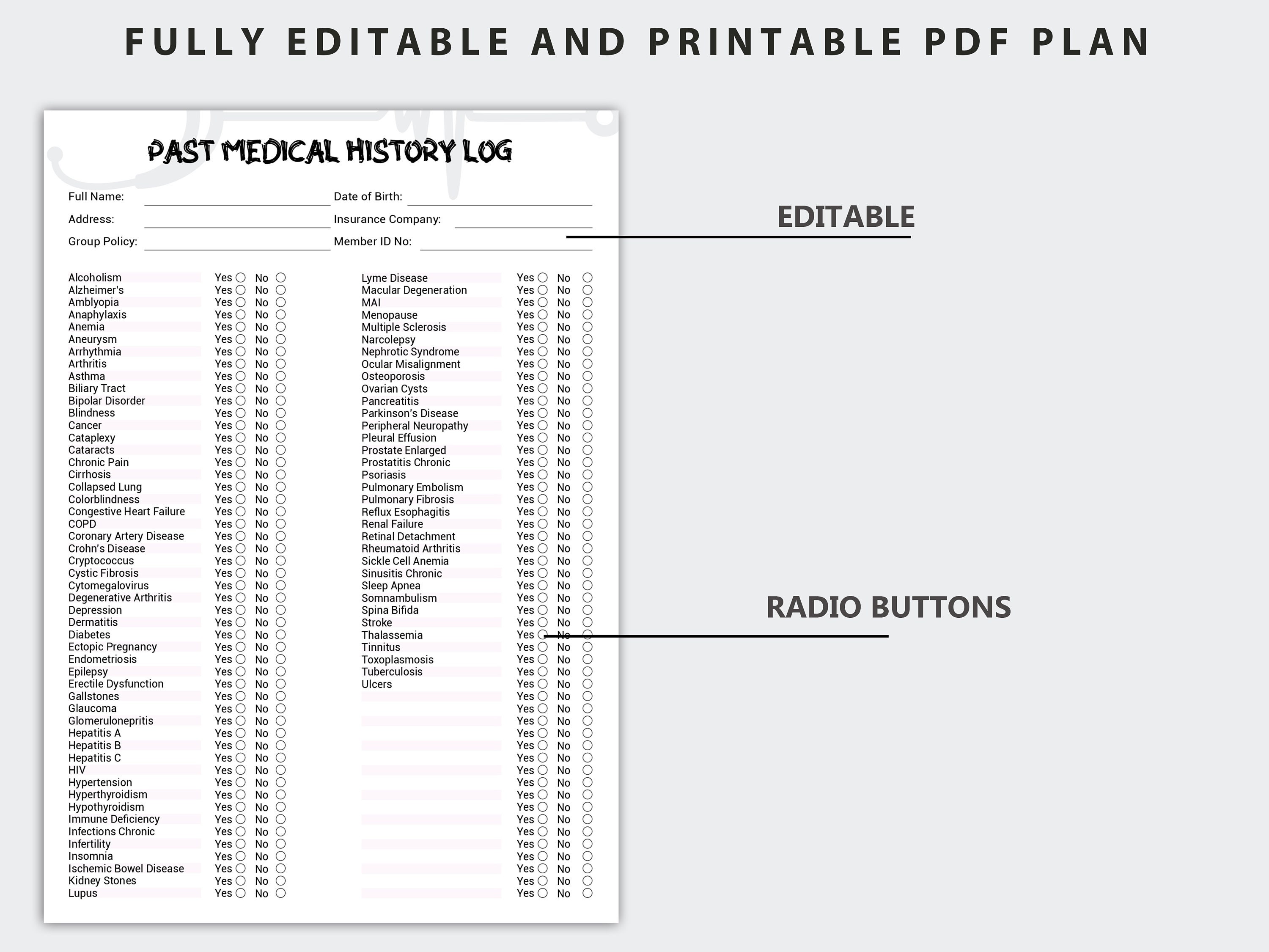Past Medical History Log, Family Medical History Form , Medical Record ...