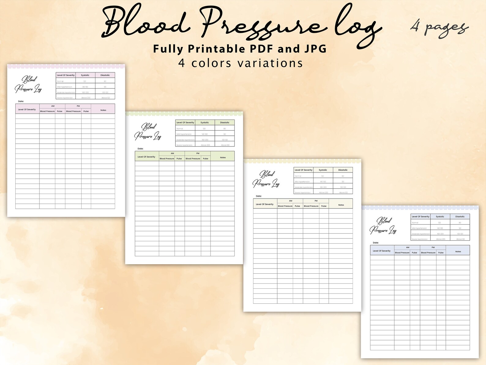 Printable Blood Pressure Log, Monthly Blood Pressure Tracker, Blood ...