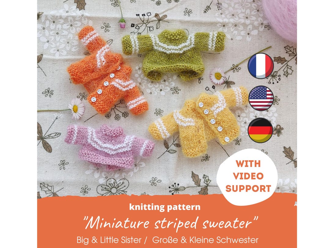 Miniature Striped Sweater Knitting Pattern for Maileg Mouse, Tiny Doll ...