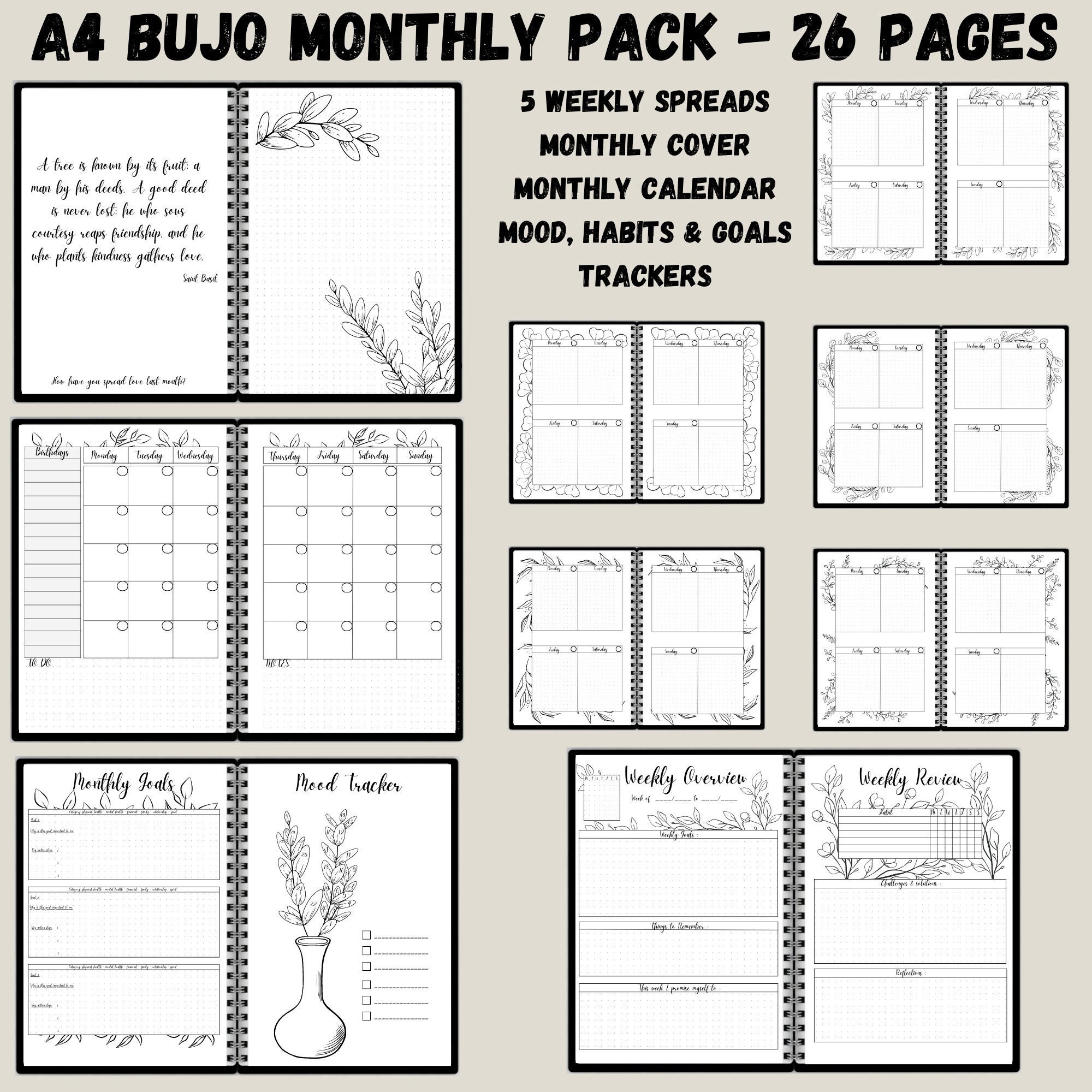 Printable Bullett Journal Printable Monthly Calendar Goal Spread Bujo ...