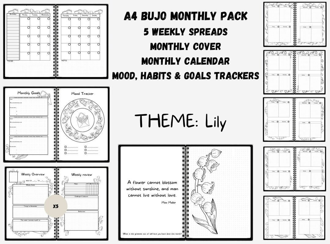 A4 Complete Pack Planner Printable Bujo Insert 5 Weekly Spread Weekly ...