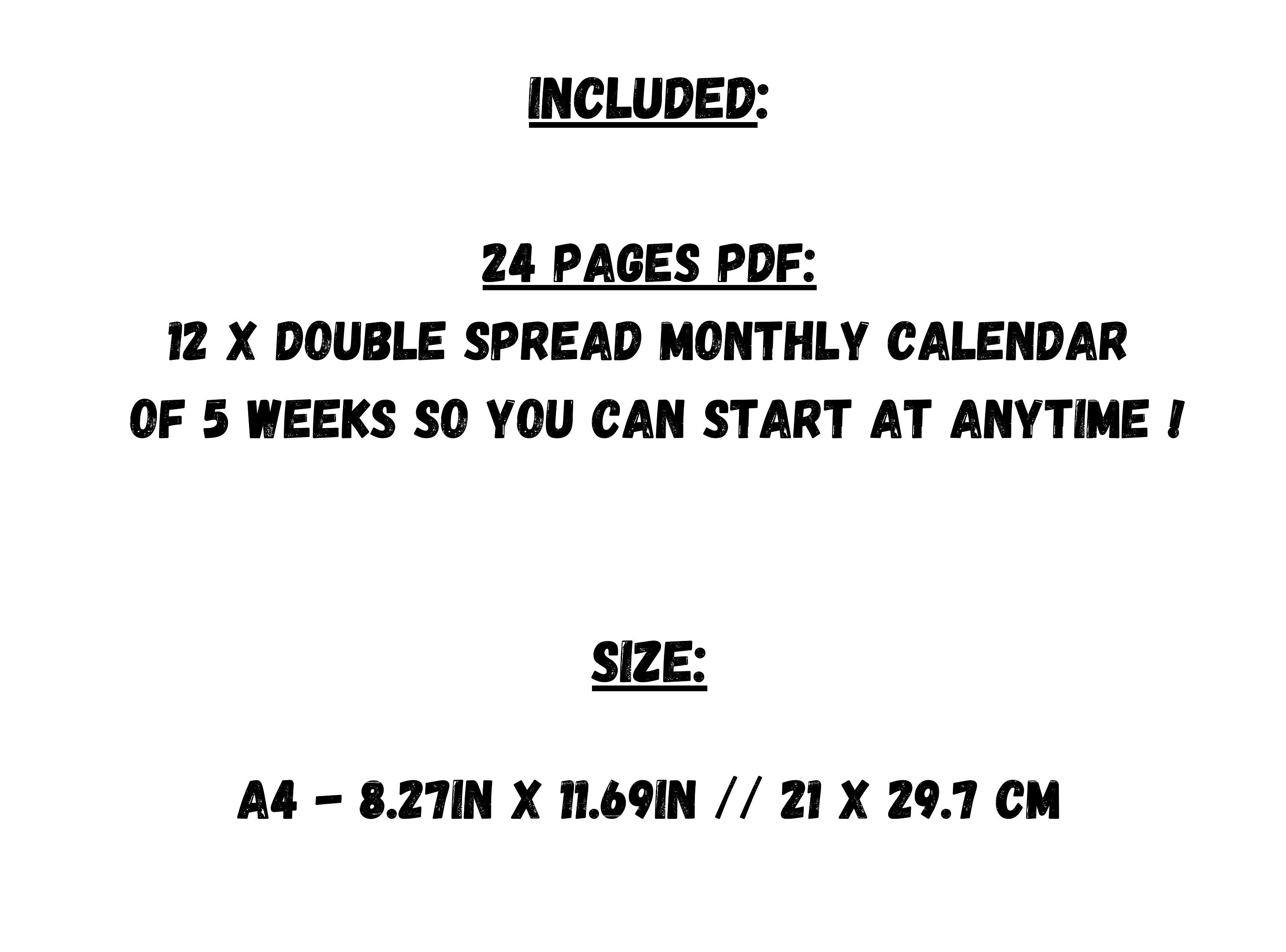 A4 Monthly Calendar Undated Double Spreads 24 Pages in Total for Bullet ...