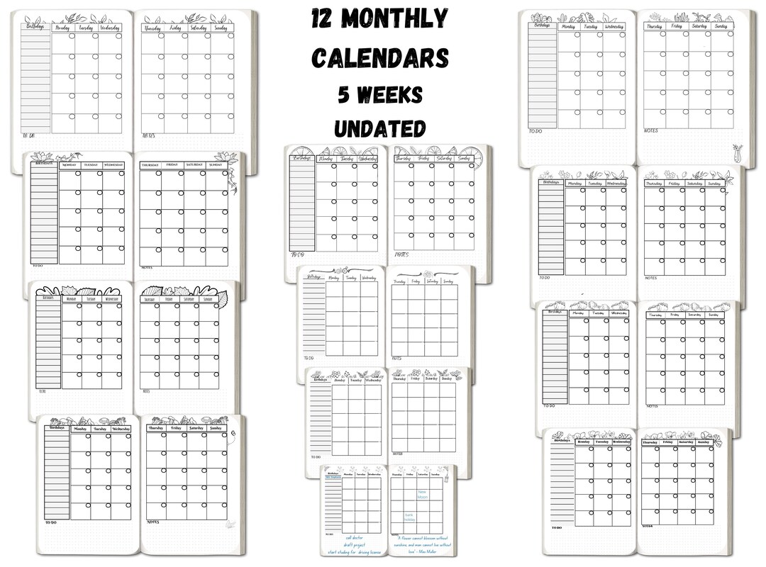 A4 Monthly Calendar Undated Double Spreads 24 Pages in Total for Bullet ...