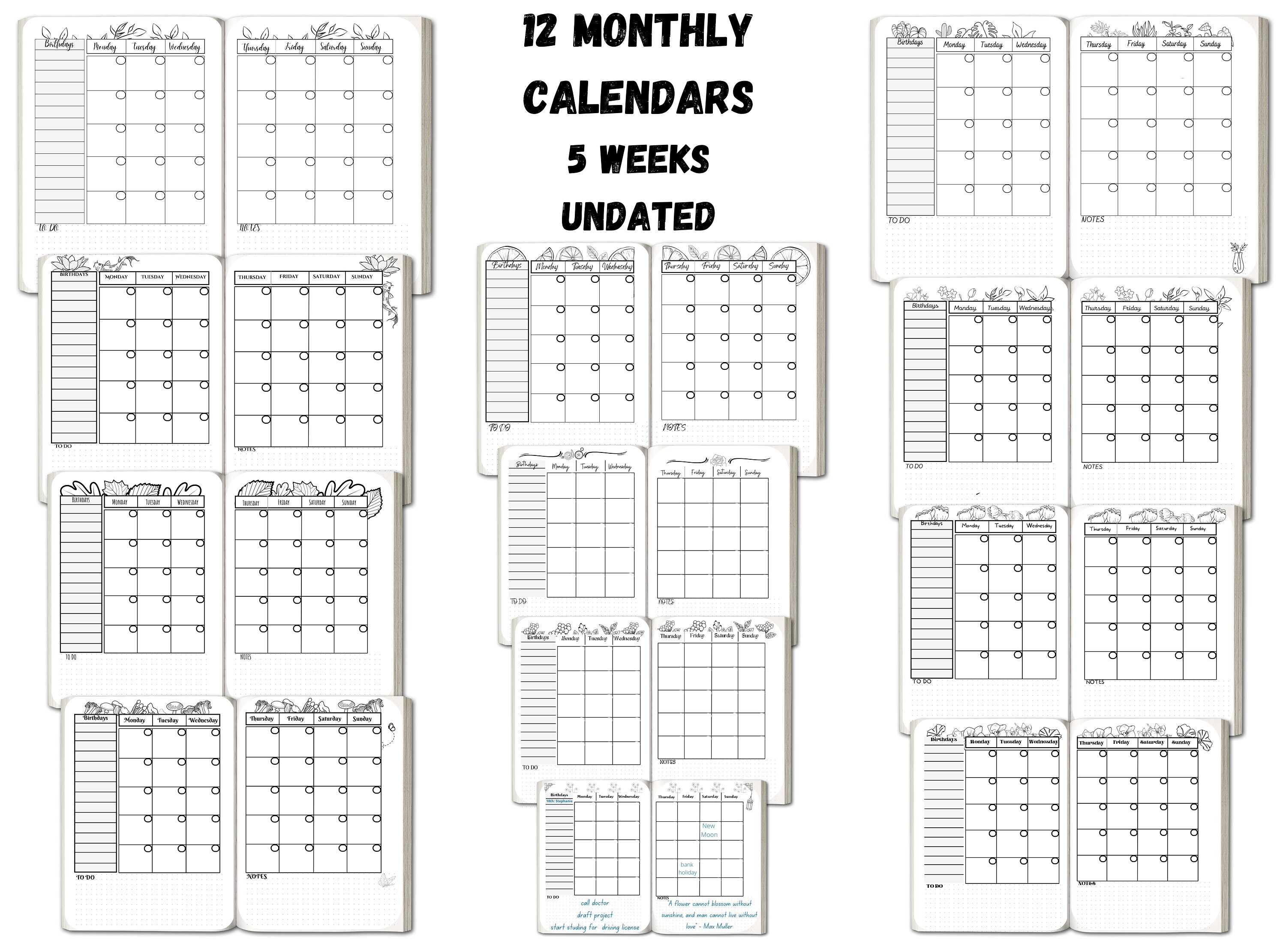 A4 Monthly Calendar Undated Double Spreads 24 Pages in Total for Bullet ...