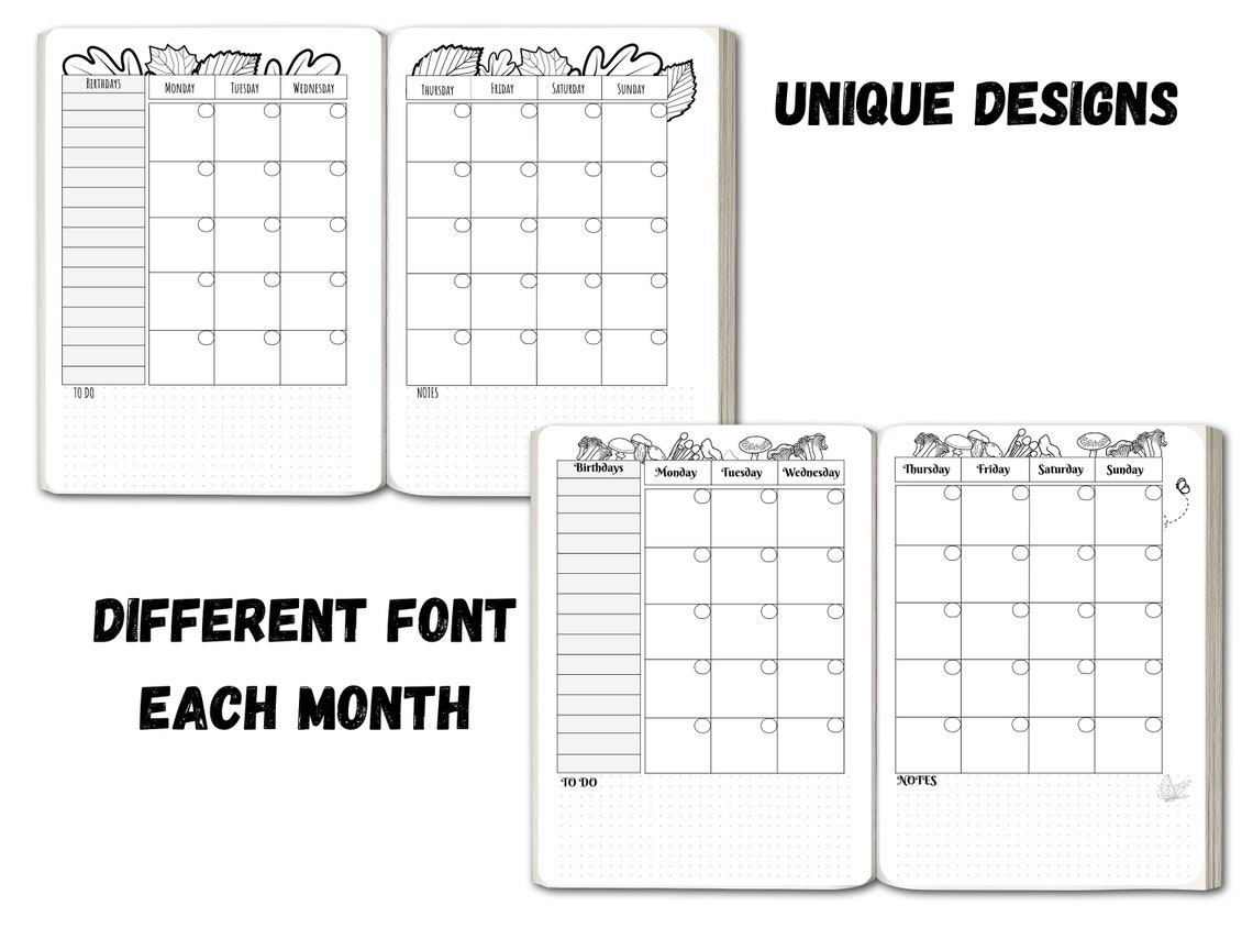 A4 Monthly Calendar Undated Double Spreads 24 Pages in Total for Bullet ...