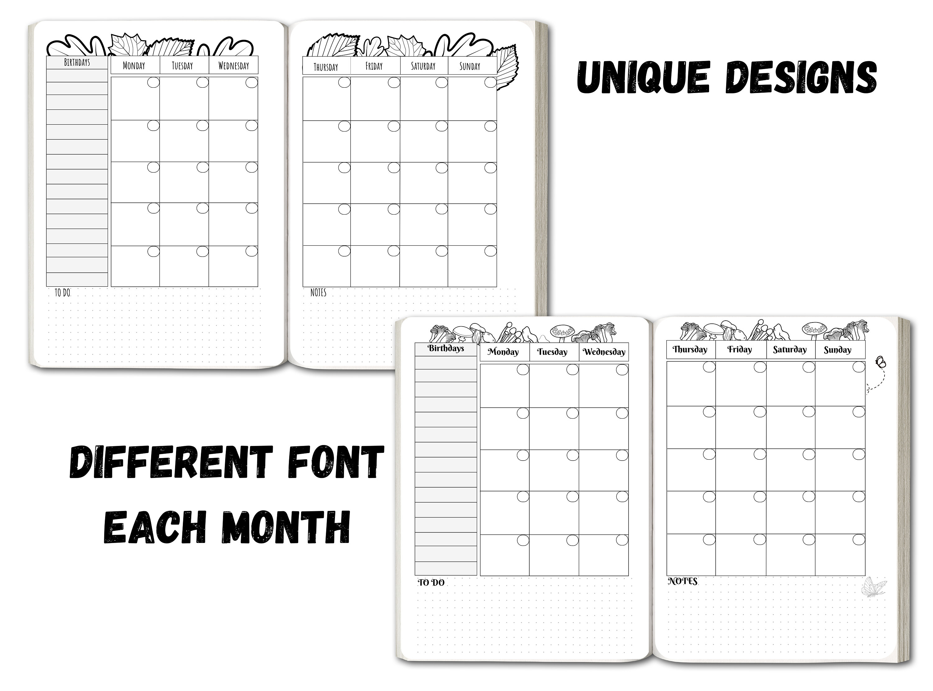 A4 Monthly Calendar Undated Double Spreads 24 Pages in Total for Bullet ...