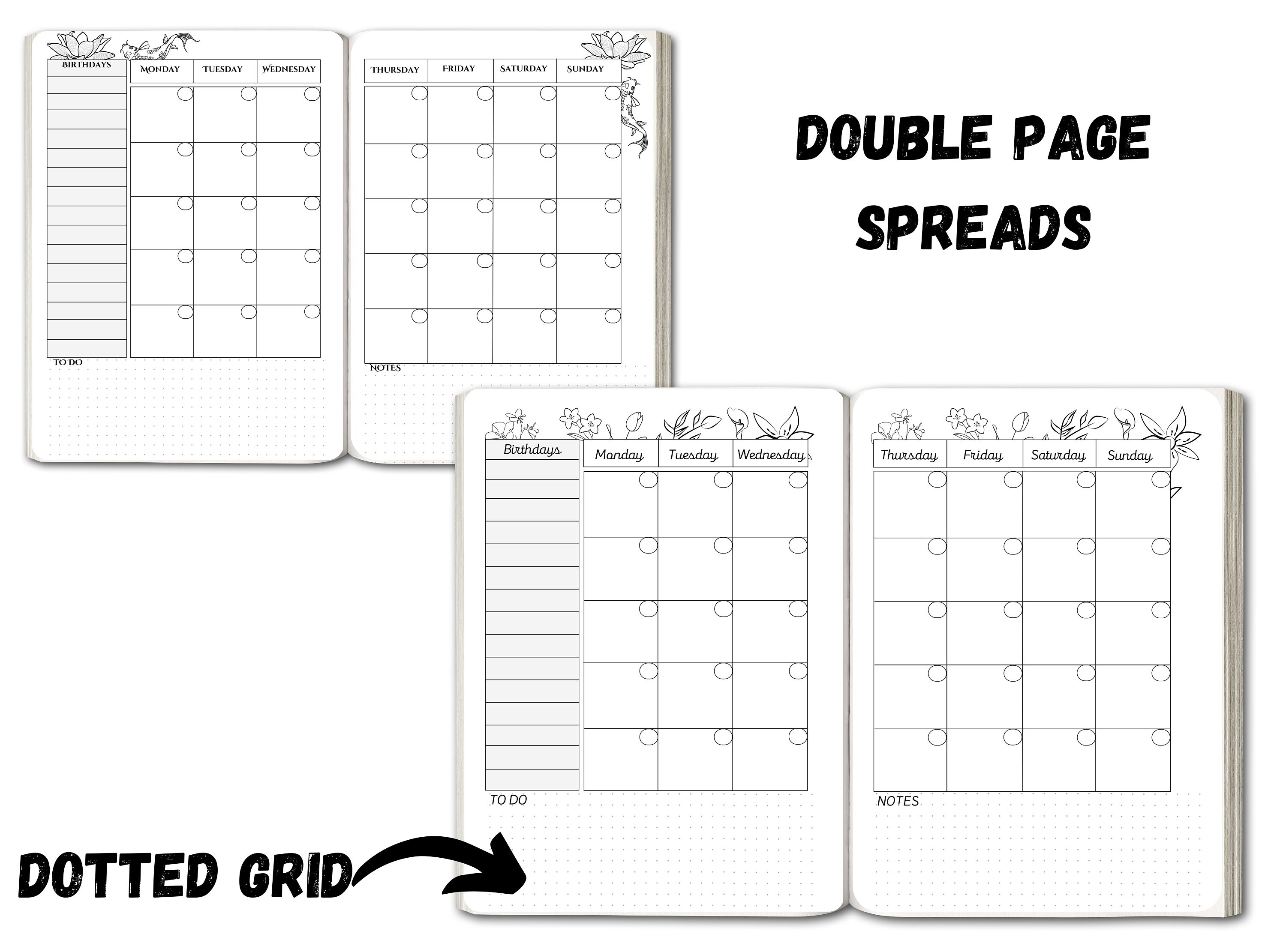 A4 Monthly Calendar Undated Double Spreads 24 Pages in Total for Bullet ...