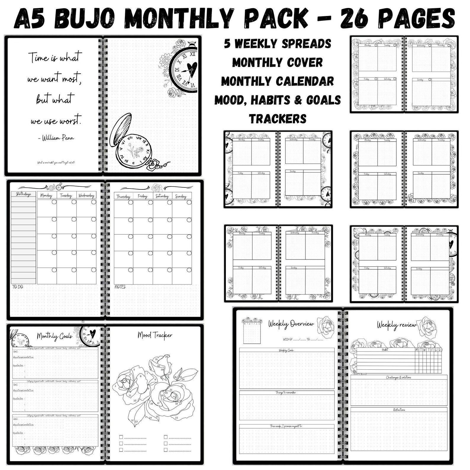 Printable Bullett Journal Printable Monthly Calendar Goal Spread Bujo ...