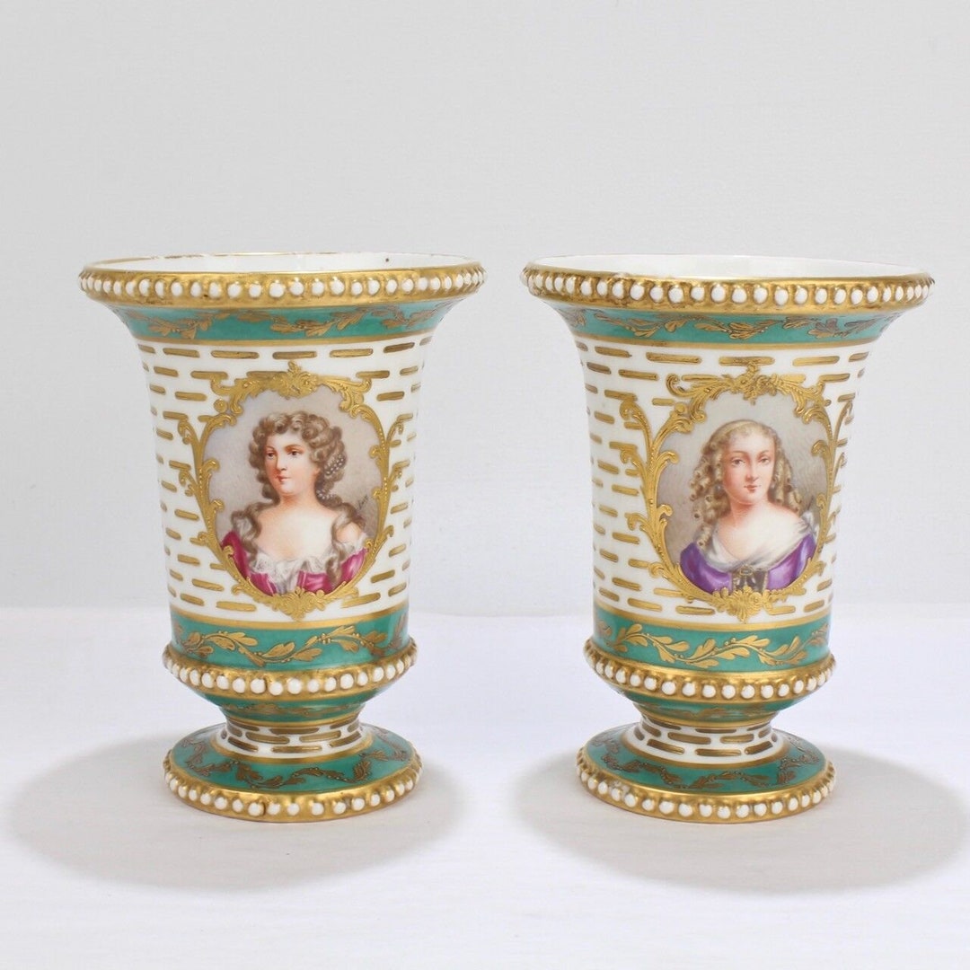 Pair Antique Signed Sevres Type Porcelain Portrait Cabinet Vases - Lady ...