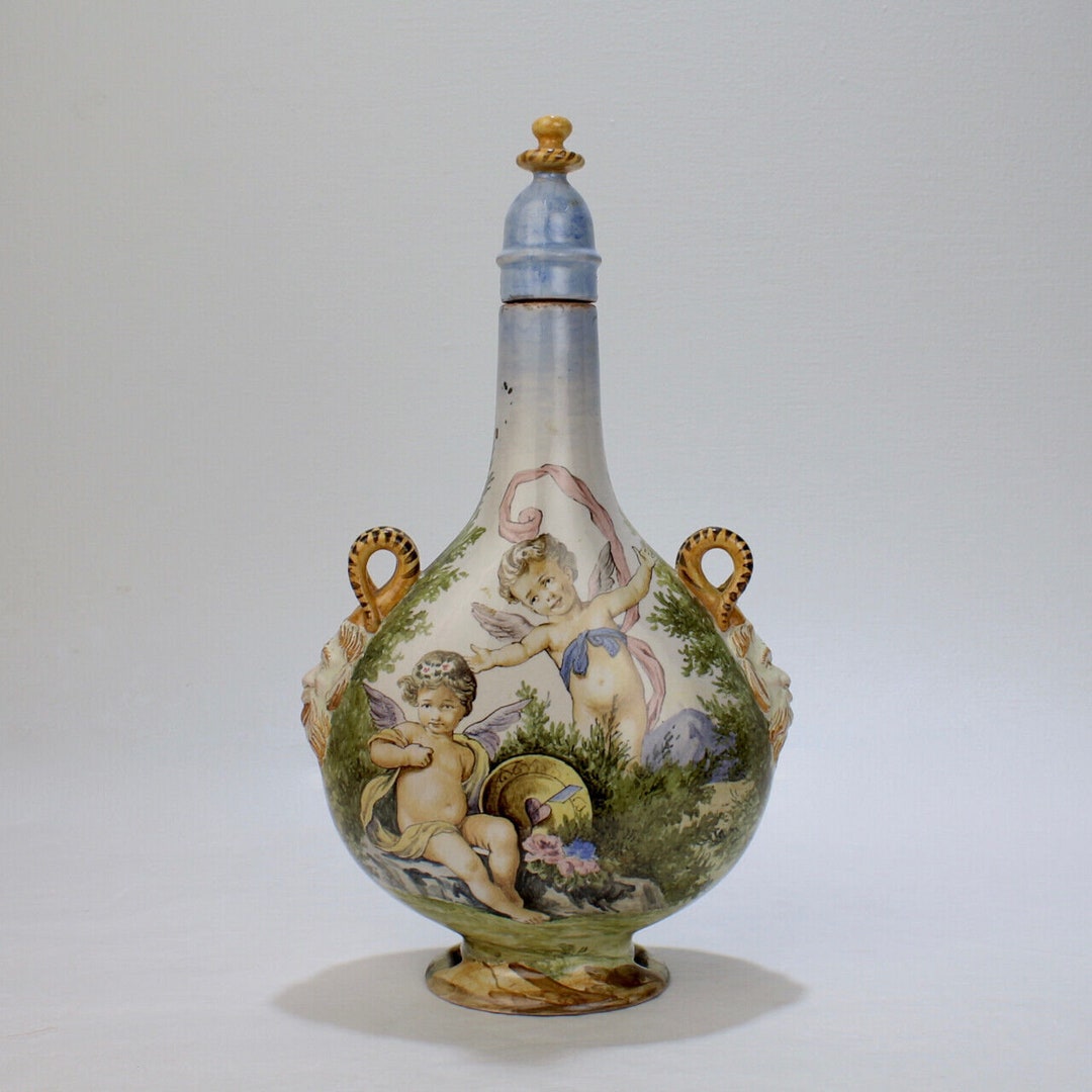 Antique Ginori Istoriato Style Maiolica Pottery Pilgrim Flask - Faience ...