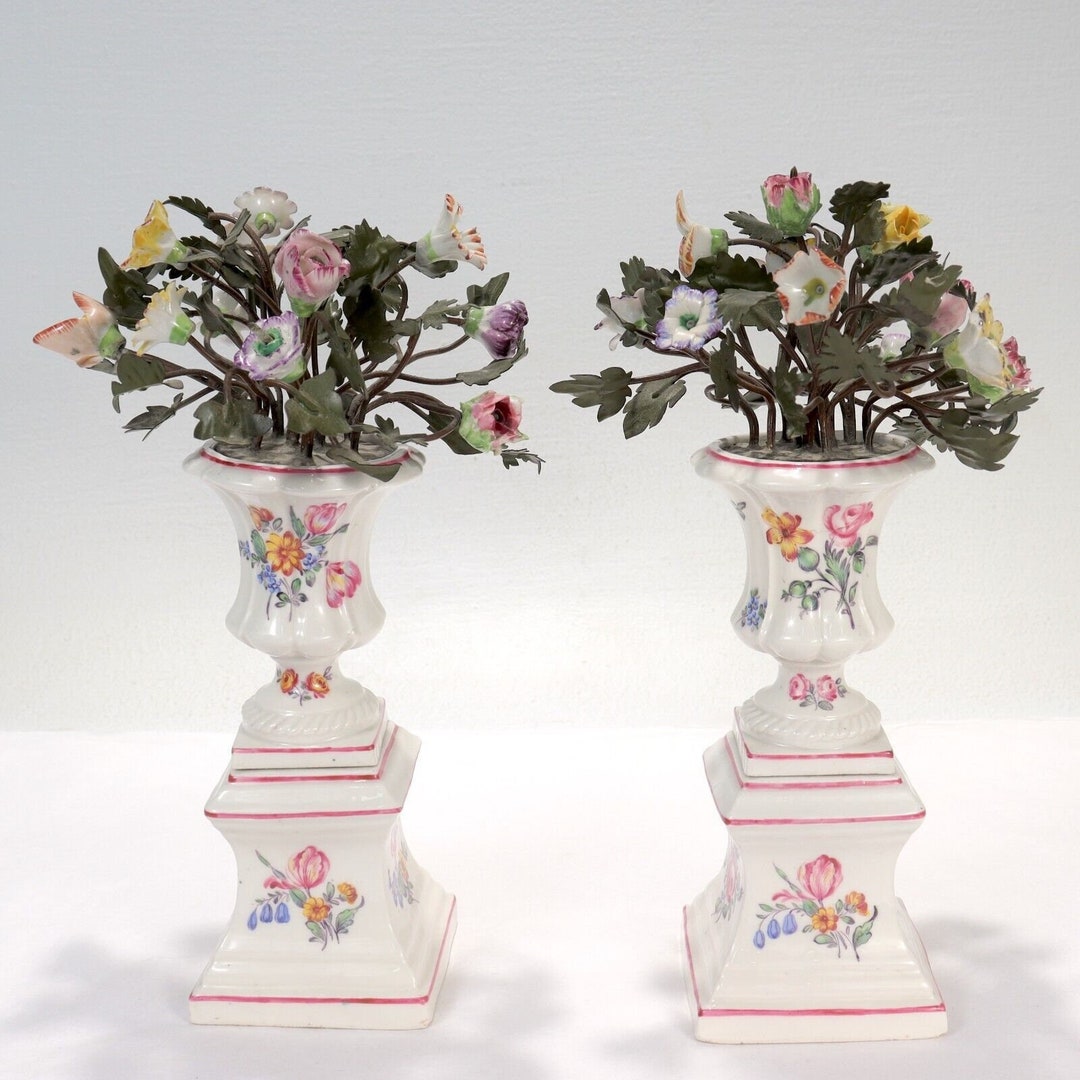 Pair Antique Samson Mennecy Style Tole Peinte & Porcelain Flower Vases ...