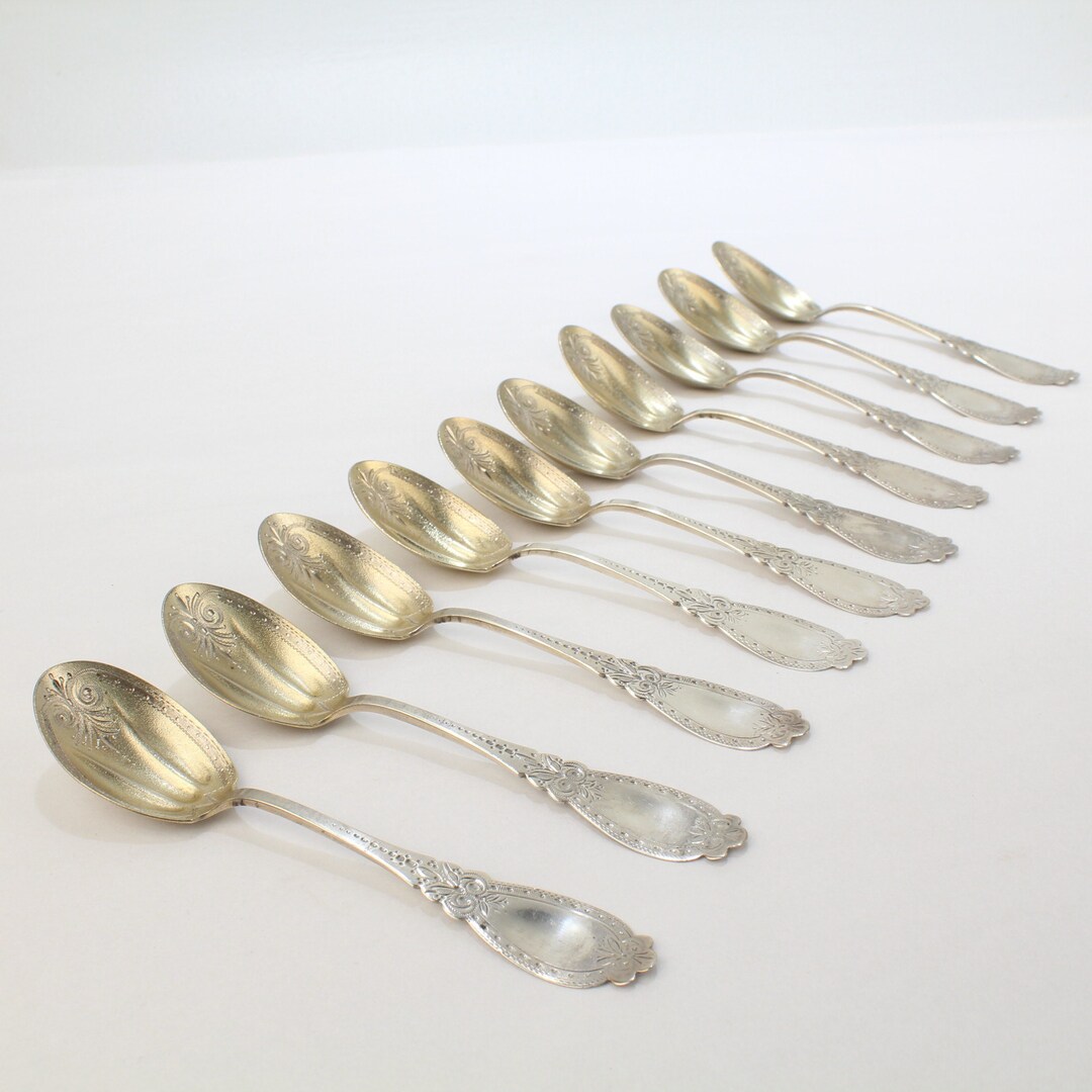 Set of 10 W Faber & Sons Brite Cut Gilt American Coin Silver Ice Cream ...