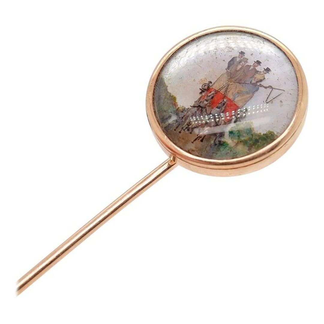 Large Antique Signed 14k Gold Essex Crystal Stickpin of a Stagecoach or ...