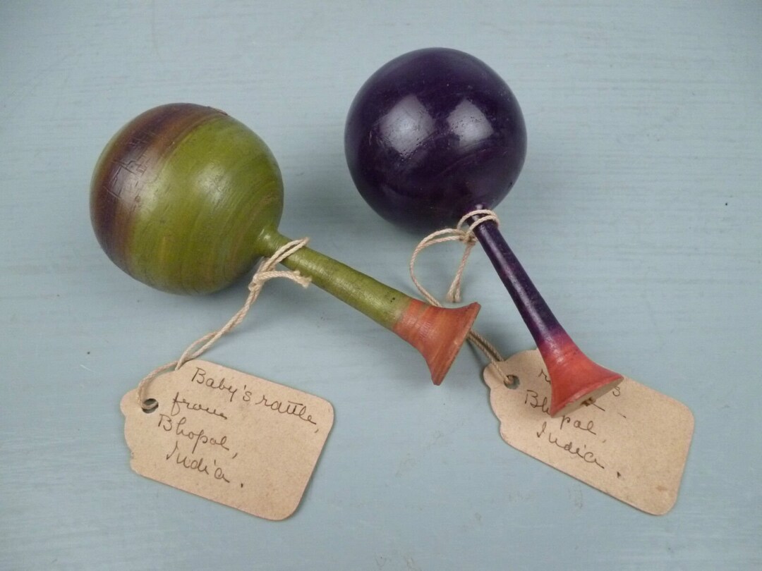 2 Antique Ptd Wooden Baby's Rattles From Bhopal India W/ Estate Labeled ...
