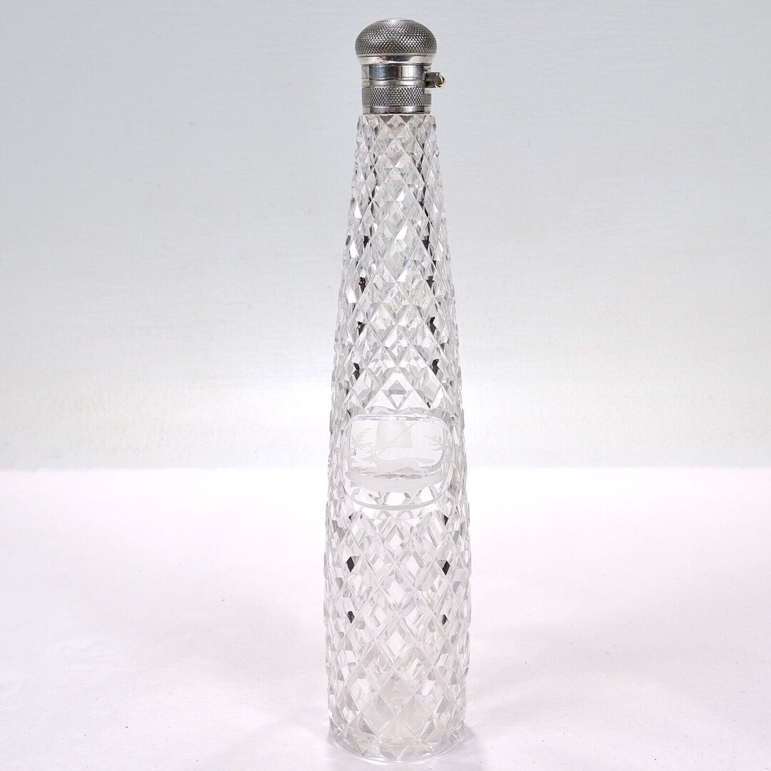 Antique Edwardian Equestrian Fox Hunt Cut Glass & Silver Liquor Flask ...