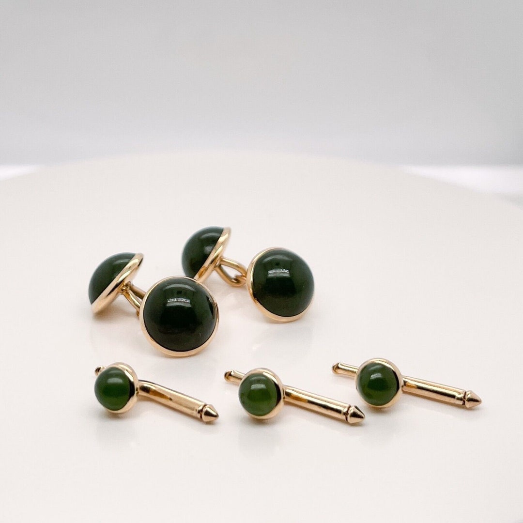Antique Signed 14 Karat Gold and Nephrite Jade Cufflinks & Buttons ...