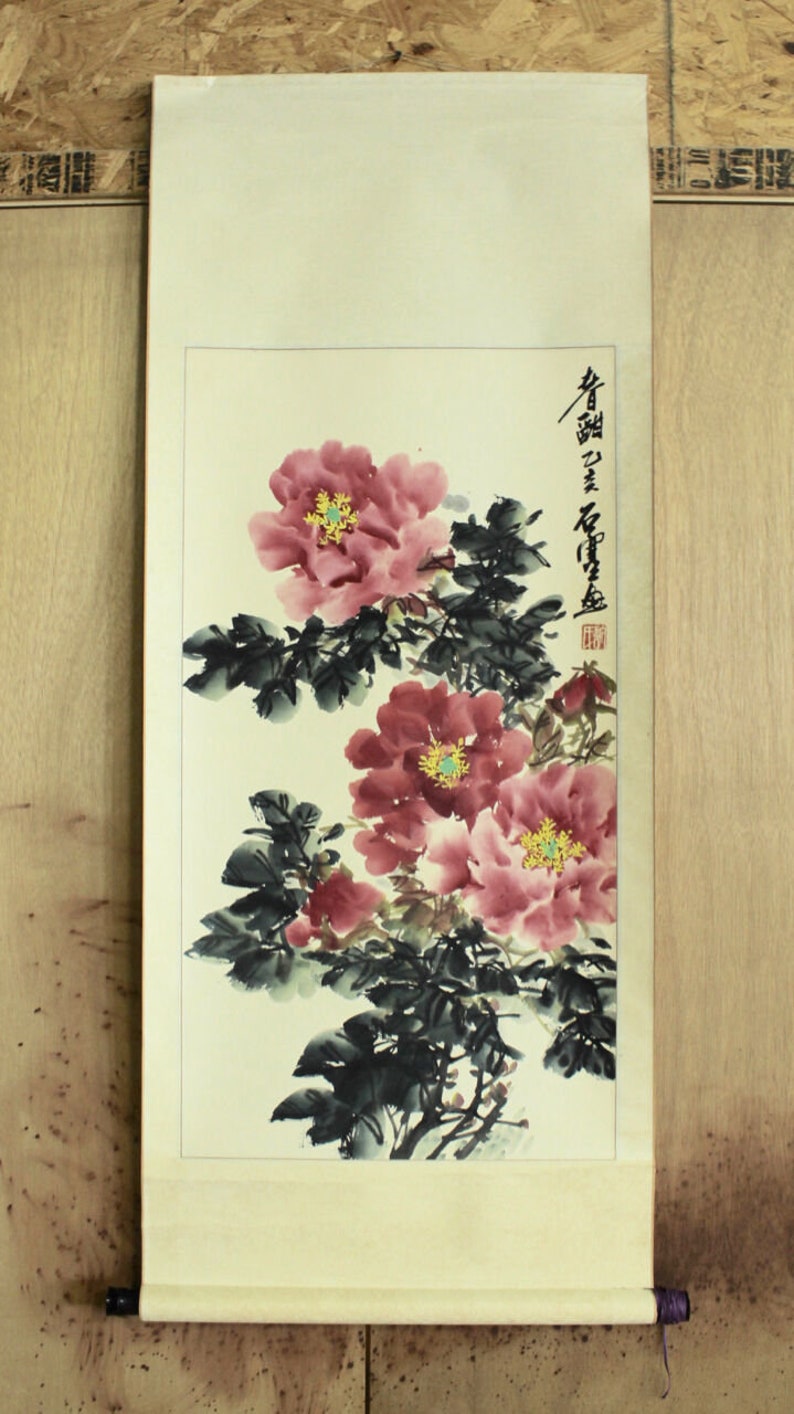 Vintage Estate Hand Painted Chinese Scroll With Pink Peony Flowers by ...