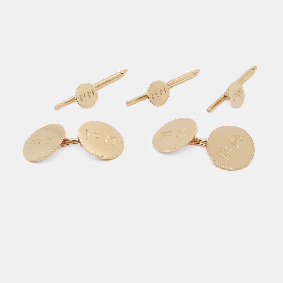 Cartier 14K Gold Monogrammed Cufflinks & Shirt Stud Dress Set - Etsy