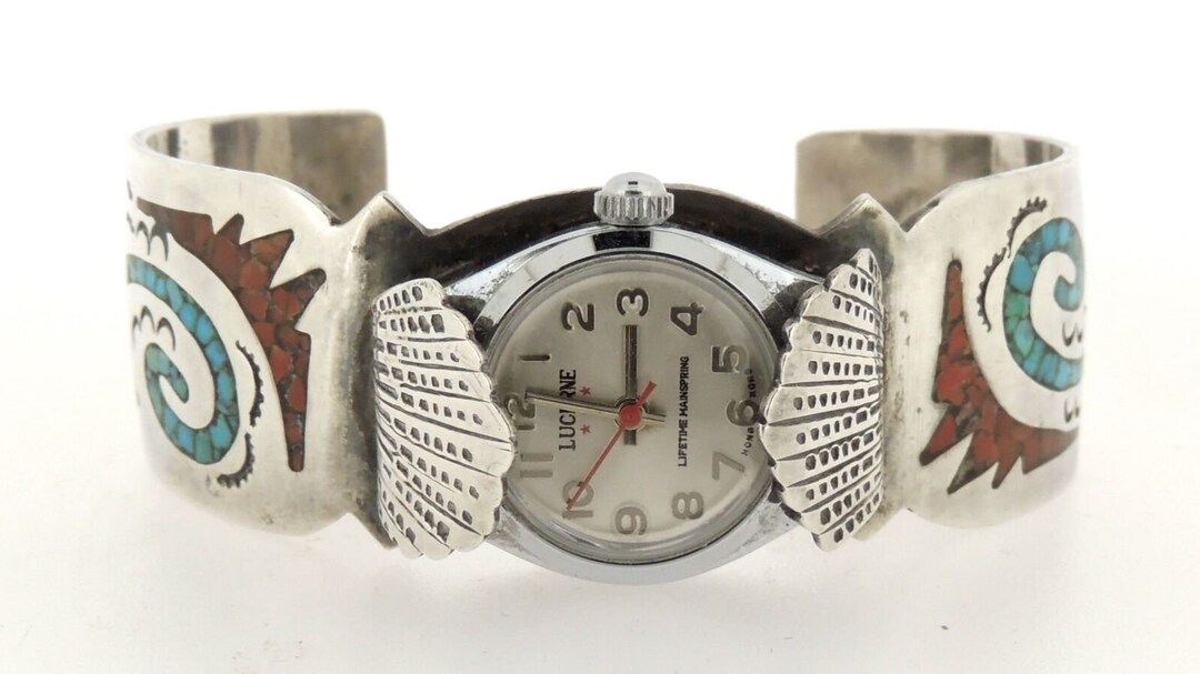 Signed Old Pawn Navajo Sterling Silver Turquoise Coral Cuff Watch ...